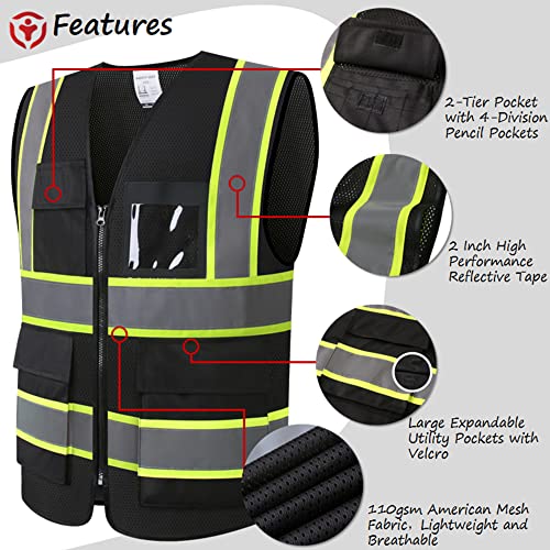 ASIPHITU Reflective High Visibility Safety Vest for Men Women Security with Pockets Zipper Front for Work Vest with Reflective Strips Meets ANSI/ISEA Standards(H-Black-L)