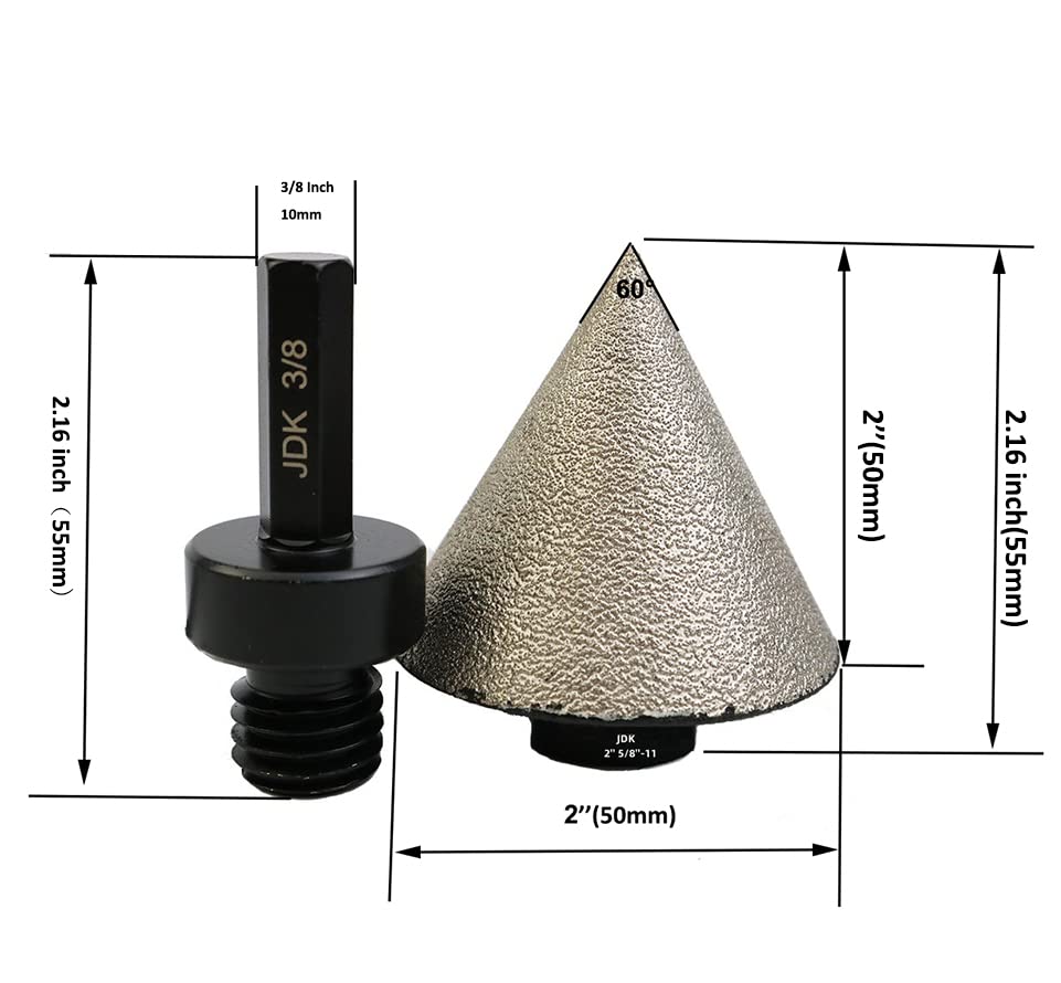 JDK Diamond Beveling Chamfer Bit, Diamond Countersink Drill Bits 2 Inch for Existing Holes Marble Glass Ceramic Countersink Hole Trimming 3/8” Hex Shank Adapter (2‘’ Hex Shank)