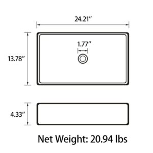 Sinber 24" x 14" x 4.33" White Rectangular Ceramic Countertop Bathroom Vanity Vessel Sink BVS2414A-OK