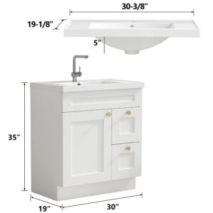 JPND 30" White Bathroom Single Hole Integrated Sink/Countertop, Drop-in Self-Rimming Rectangular Vanity Sink Top, 30.38"W x 19.13"D x 7.5"H