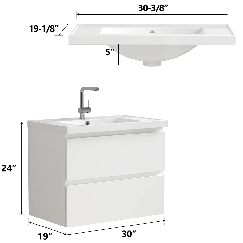 JPND 30" White Bathroom Single Hole Integrated Sink/Countertop, Drop-in Self-Rimming Rectangular Vanity Sink Top, 30.38"W x 19.13"D x 7.5"H