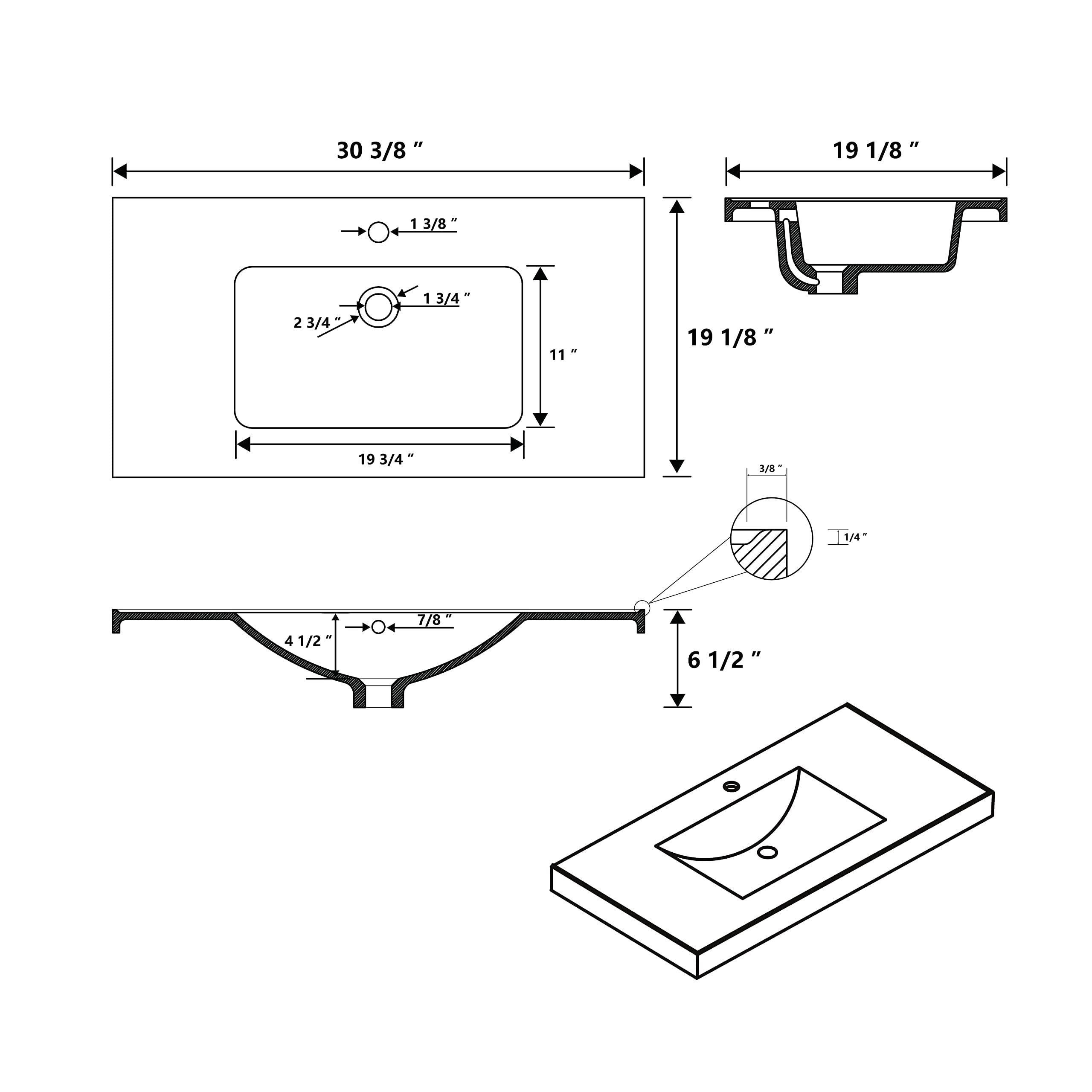 JPND 30" White Bathroom Single Hole Integrated Sink/Countertop, Drop-in Self-Rimming Rectangular Vanity Sink Top, 30.38"W x 19.13"D x 7.5"H