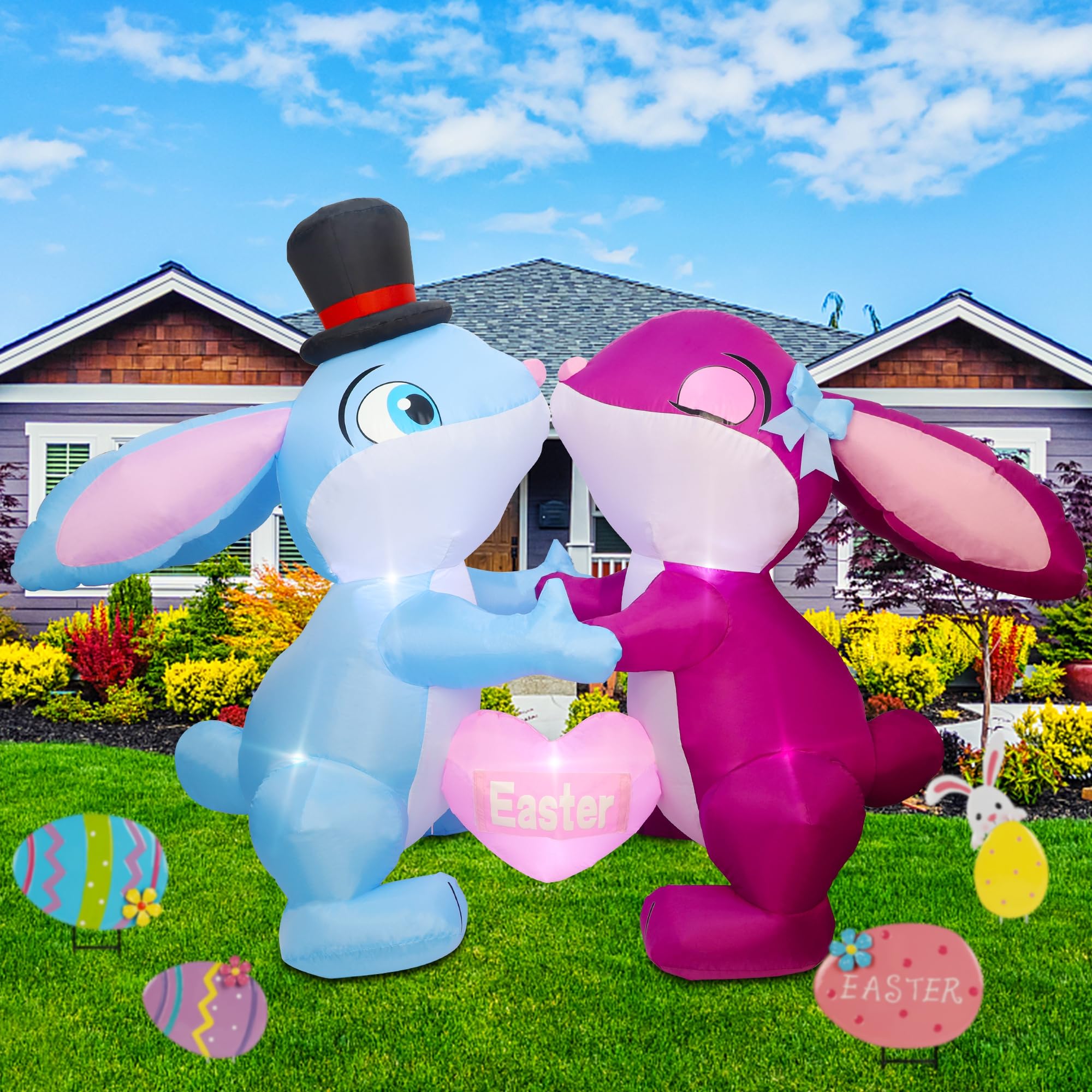 Juegoal Easter Inflatable Cute Bunny with Heart, 7.5ft Long Lighted Blow Valentine Rabbit Couples with Lights, Indoor Outdoor Valentine's Day Easter Xmas Decor, Light Up Lawn Yard Garden Decorations