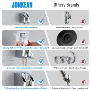 JONKEAN Handheld Shower Head Holder with 2 Hanger Hooks, Strong Adhesive Shower Head Holder, Adjustable Shower Wand Holder Wall Mount, Bathroom Waterproof Shower Handle Holder No Drill Need(Chrome 2)