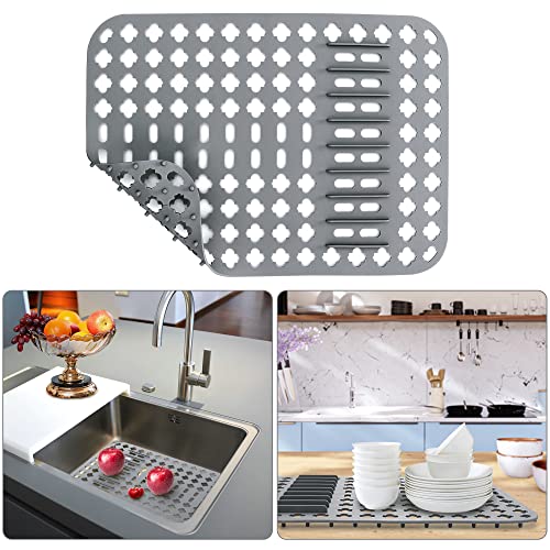 Silicone Sink Mat, DIY Kitchen Sink Protectors for Kitchen Sink Mats Grid Accessory, 15.7”x11.4” Non-slip Folding Sink Grates for Bottom of Farmhouse Stainless Steel Porcelain Sink, Grey 1 PCS