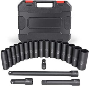 vistreck 1/2 '' impact socket set, 20 piece 6 point impact set, metric sizes (9-24mm) socket set with 3" 5" 10" impact extension bar, 1/2" adapter, cr-v steel, deep socket set 1/2 drive