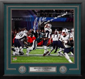 brandon graham sacks tom brady philadelphia eagles autographed 16" x 20" framed football championship photo inscribed how do you like them apples - jsa authenticated