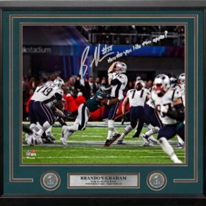 Brandon Graham Sacks Tom Brady Philadelphia Eagles Autographed 16" x 20" Framed Football Championship Photo Inscribed How Do You Like Them Apples - JSA Authenticated