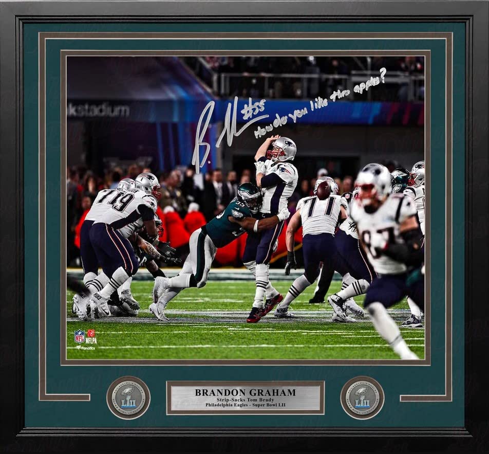 Brandon Graham Sacks Tom Brady Philadelphia Eagles Autographed 16" x 20" Framed Football Championship Photo Inscribed How Do You Like Them Apples - JSA Authenticated