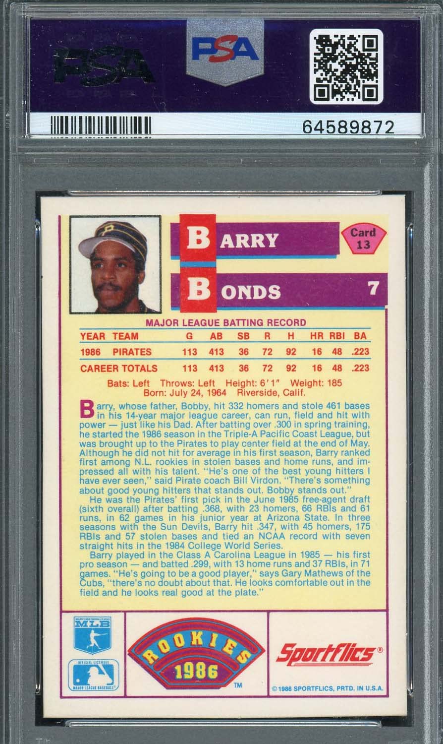 Barry Bonds 1986 Sportflics Baseball Rookie Card RC #13 Graded PSA 10