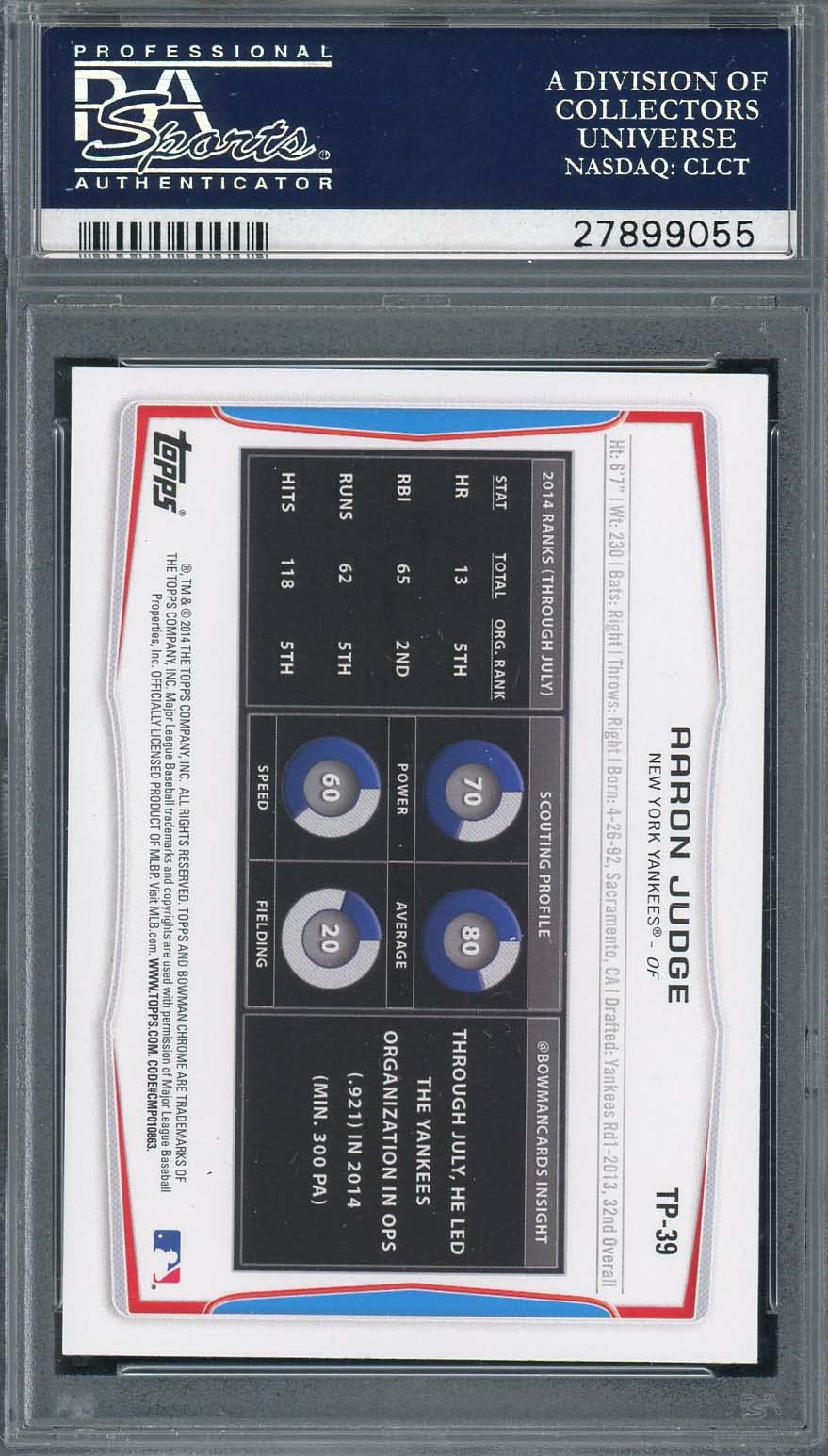 Aaron Judge 2014 Bowman Draft Picks Baseball Rookie Card RC #TP39 Graded PSA 10