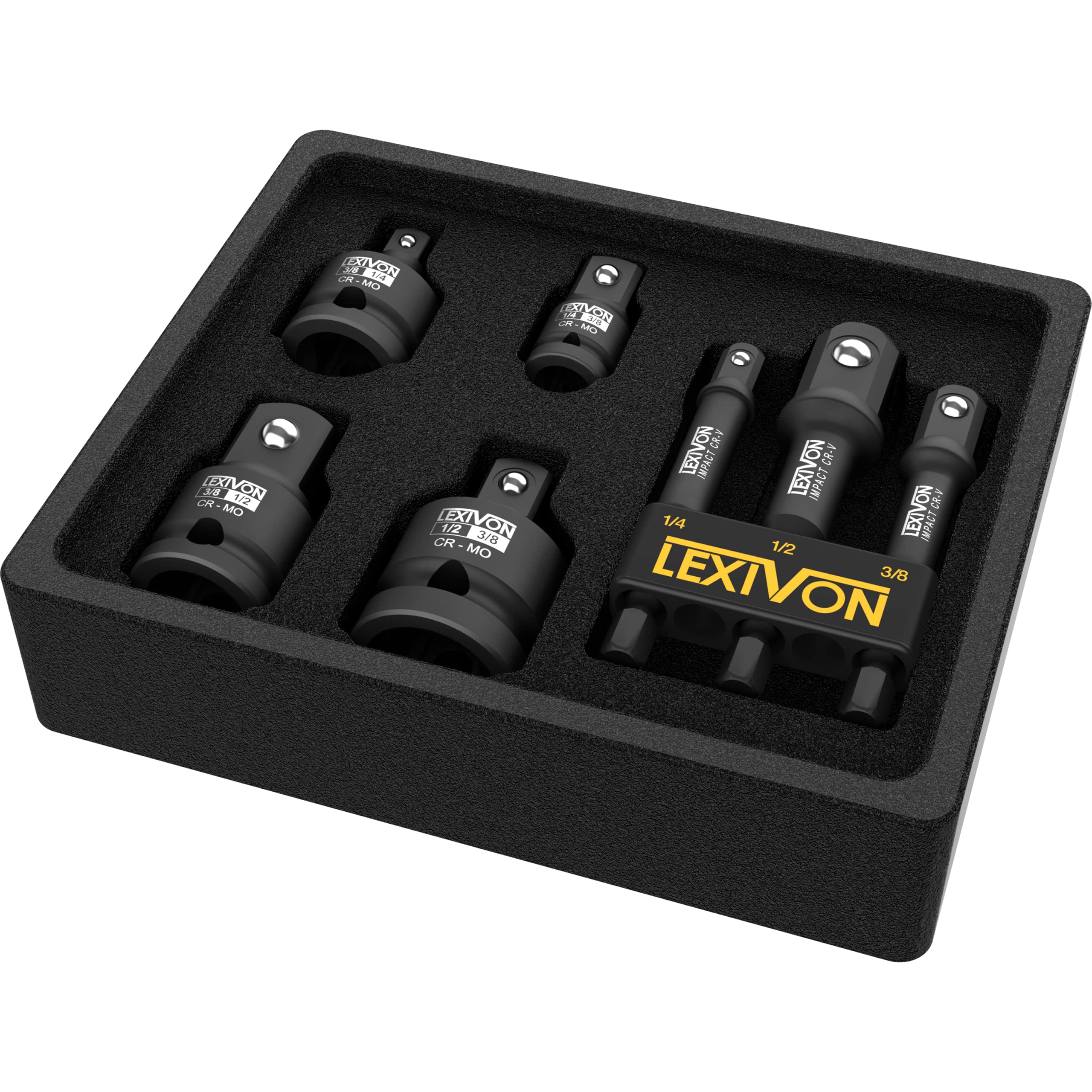 LEXIVON Impact Socket Adapter Combo Kit, 7-piece Increaser, Reducer & Extension Set | 1/4"-3/8"-1/2" Impact Driver Conversions, Active Rust Protection By Black-Phosphate Coating Treatment (LX-109)