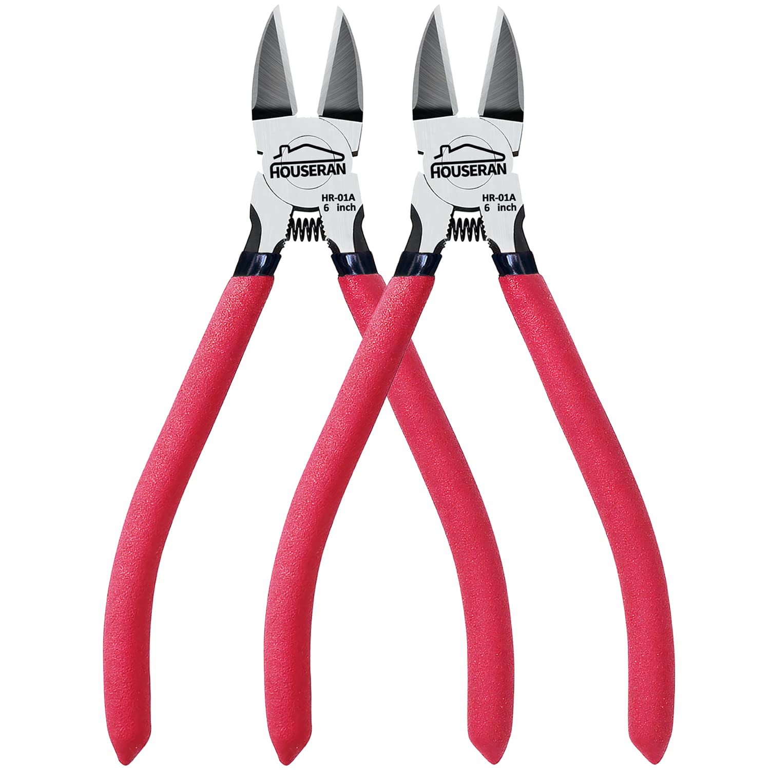 Wire Cutters 2 PACK, 6 inch Wire Cutters Set, HOUSERAN Side Cutters Flush Cut Pliers, Spring Loaded Cutting Pliers with Non-slip Red Handle, Wire Cutters Heavy Duty for Jewelry Making, Crafts, Zip Tie