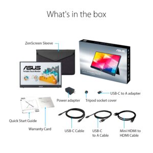 ASUS ZenScreen Touch Screen 15.6” 1080P Portable USB Monitor (MB16AHT) - Full HD (1920 x 1080), IPS, USB Type-C, Mini-HDMI, Kickstand, Tripod Mountable, Eye Care, Protective Sleeve, 3-Year Warranty