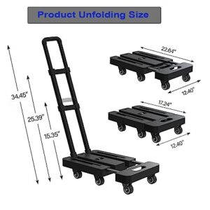 Folding Hand Truck, 500LBS Heavy Duty Foldable Dolly Cart - Portable Luggage Cart with 6 Wheels 2 Elastic Ropes for Moving, Travel, Shopping, Office Use - Black