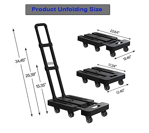 Folding Hand Truck, 500LBS Heavy Duty Foldable Dolly Cart - Portable Luggage Cart with 6 Wheels 2 Elastic Ropes for Moving, Travel, Shopping, Office Use - Black