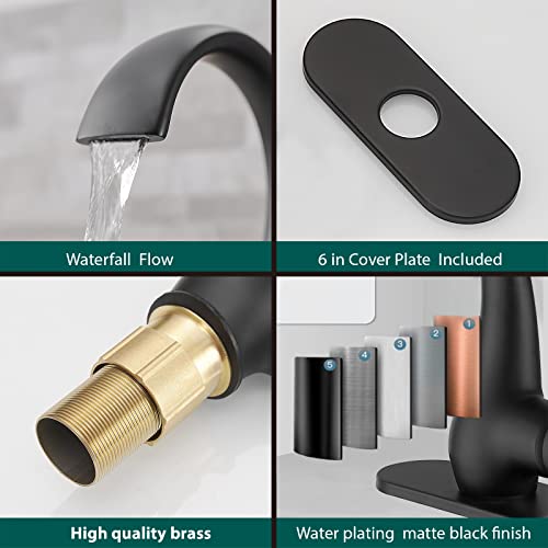 Hoimpro Modern Single Handle Black Bathroom Faucet Bar Sink Fauet Bathroom Sink Faucet Single Hole or Single Handle Gooseneck Kitchen Faucet with cUPC Water Lines, Matte Black/Brass