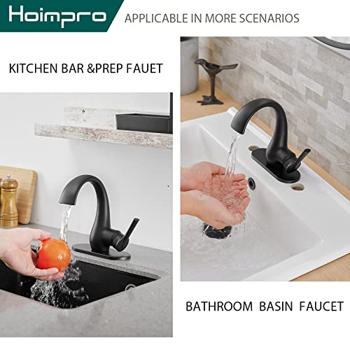 Hoimpro Modern Single Handle Black Bathroom Faucet Bar Sink Fauet Bathroom Sink Faucet Single Hole or Single Handle Gooseneck Kitchen Faucet with cUPC Water Lines, Matte Black/Brass