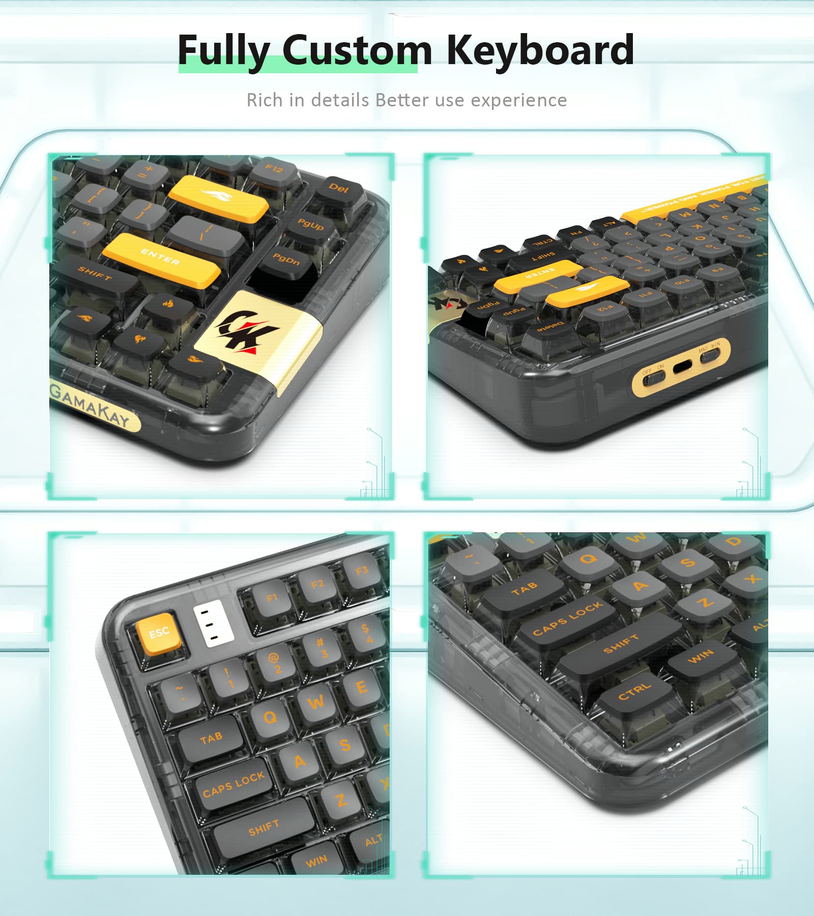 GK GAMAKAY GK75 75% RGB Transparent Gasket Mechanical Keyboard, Bluetooth/USB-C Wired/2.4GHz Wireless 80 Keys Hot Swap Gateron Yellow Switch 2.0 KSA Profile PBT Keycaps Gaming Keyboard (Black)