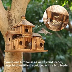 2in1 Bird House&Bird Feeder.Bird House for Outside,Hummingbird House with 6 Hole,Bluebird Finch Cardinals Hanging Big Birdhouse,Nesting Box Birdhouse for Backyard/Patio Decor.