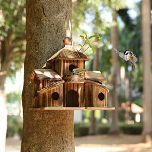 2in1 Bird House&Bird Feeder.Bird House for Outside,Hummingbird House with 6 Hole,Bluebird Finch Cardinals Hanging Big Birdhouse,Nesting Box Birdhouse for Backyard/Patio Decor.