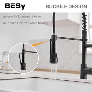 BESy 20 Inch Black Kitchen Faucet with Pull Down Sprayer, Dual Morden Commercial Rv Single Handle Single Hole Double Spout LED Spring Kitchen Sink Faucet with Pot Filler, Matte Black, Brass