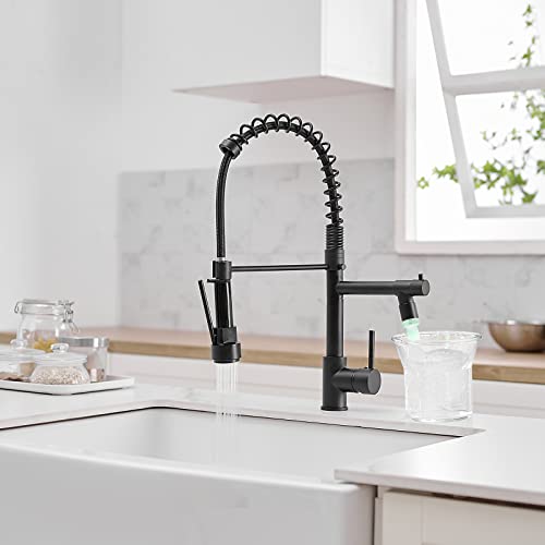 BESy 20 Inch Black Kitchen Faucet with Pull Down Sprayer, Dual Morden Commercial Rv Single Handle Single Hole Double Spout LED Spring Kitchen Sink Faucet with Pot Filler, Matte Black, Brass