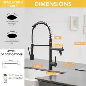 BESy 20 Inch Black Kitchen Faucet with Pull Down Sprayer, Dual Morden Commercial Rv Single Handle Single Hole Double Spout LED Spring Kitchen Sink Faucet with Pot Filler, Matte Black, Brass