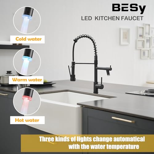 BESy 20 Inch Black Kitchen Faucet with Pull Down Sprayer, Dual Morden Commercial Rv Single Handle Single Hole Double Spout LED Spring Kitchen Sink Faucet with Pot Filler, Matte Black, Brass