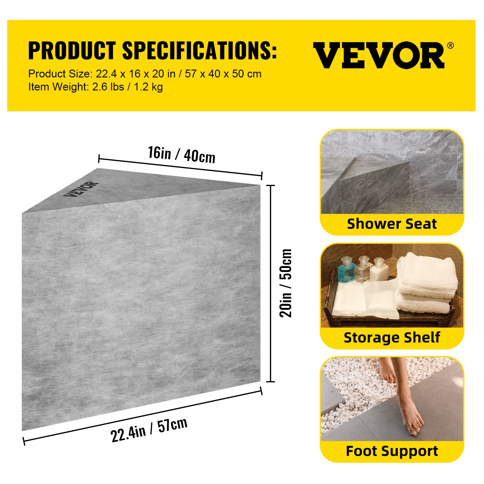 VEVOR Ready to Tile Shower Seat, 22.4" x 16" x 20" corner shower bench, Factory Waterproof & 100% Leak Proof Tileable Shower Corner Seat, 440lbs Load-Bearing Triangular Board Shower Bench, Grey