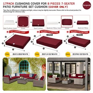 ClawsCover 17Pack Outdoor Seat Cushions Back Pillows Replacement Covers Fit for 8 Pieces 7-Seater Wicker Rattan Patio Furniture Set Sectional Couch Chairs,Burgundy-Cover Only