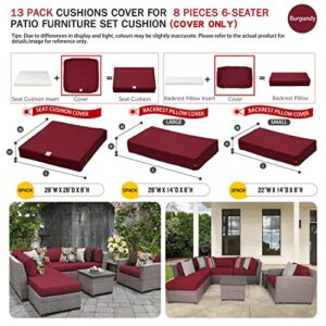 ClawsCover 13 Pack Outdoor Seat Cushions Back Pillows Replacement Covers Fit for 6 Pieces 8-Seater Wicker Rattan Patio Conversation Set Sectional Couch Chairs Furniture,Burgundy-Cover Only