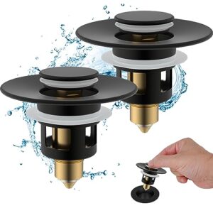 hibbent 2 pack all metal universal bathroom sink stopper, for 1''~1.8'' basin pop up sink drain strainer, upgraded brass bullet core push type sink stopper, anti clogging drain filter, matte black