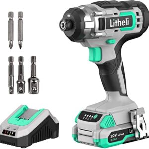 Litheli Cordless Impact Driver, 1150 In-Lbs Torque, 1/4″ Quick-Release Hex Chuck, with 20V 2.0 Ah Battery, 3 Socket Adapters, 2 Driver Bits