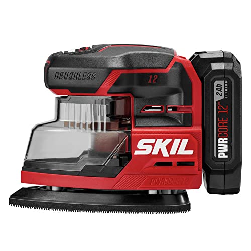 SKIL PWR CORE 12 Brushless 12V Compact Detail Sander Kit with Up to 12,000 OPM Includes 40pc Sandpaper(80/120/180/240 grits), Dust Box, 2.0Ah Battery and Charger - SR6608A-10,Red