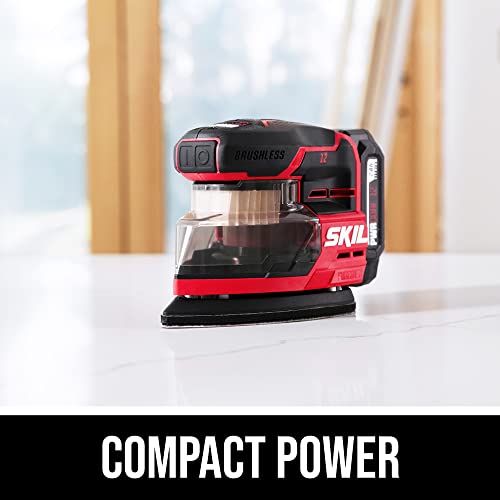 SKIL PWR CORE 12 Brushless 12V Compact Detail Sander Kit with Up to 12,000 OPM Includes 40pc Sandpaper(80/120/180/240 grits), Dust Box, 2.0Ah Battery and Charger - SR6608A-10,Red