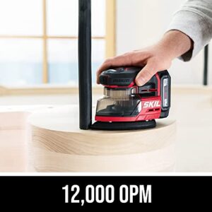 SKIL PWR CORE 12 Brushless 12V Compact Detail Sander Kit with Up to 12,000 OPM Includes 40pc Sandpaper(80/120/180/240 grits), Dust Box, 2.0Ah Battery and Charger - SR6608A-10,Red