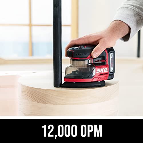 SKIL PWR CORE 12 Brushless 12V Compact Detail Sander Kit with Up to 12,000 OPM Includes 40pc Sandpaper(80/120/180/240 grits), Dust Box, 2.0Ah Battery and Charger - SR6608A-10,Red