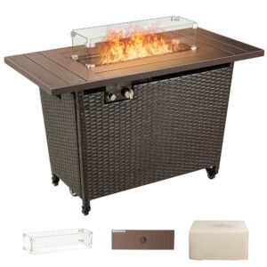 devoko 43 inch outdoor wicker propane gas fire pit 50000 btu patio rattan fire pit table with metal tabletop, replaceable casters/pads, windproof glass cover, slide out tank holder, cover, lid