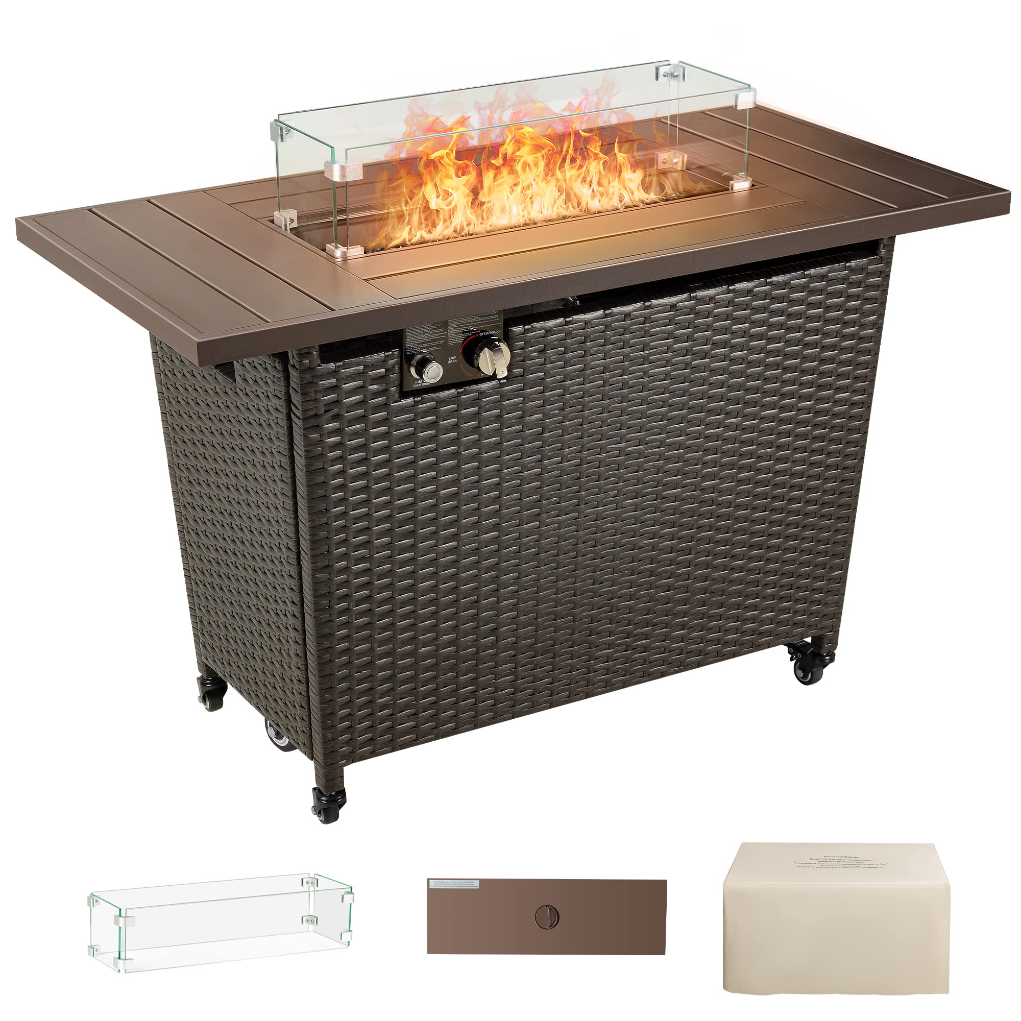 Devoko 43 inch Outdoor Wicker Propane Gas Fire Pit 50000 BTU Patio Rattan Fire Pit Table with Metal Tabletop, Replaceable Casters/Pads, Windproof Glass Cover, Slide Out Tank Holder, Cover, Lid