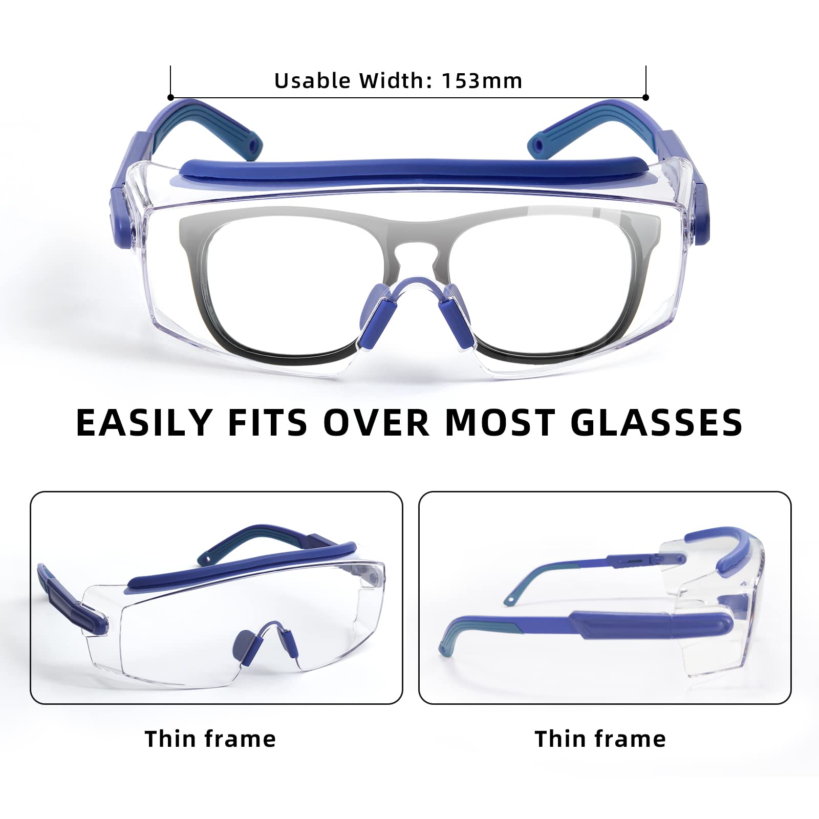 Optical Care Safety Glasses Anti Fog Safety Goggles Over Glasses Protective Eyewear with Clear Wrap-around Lens, Adjustable, Impact Resistance and Anti-dust