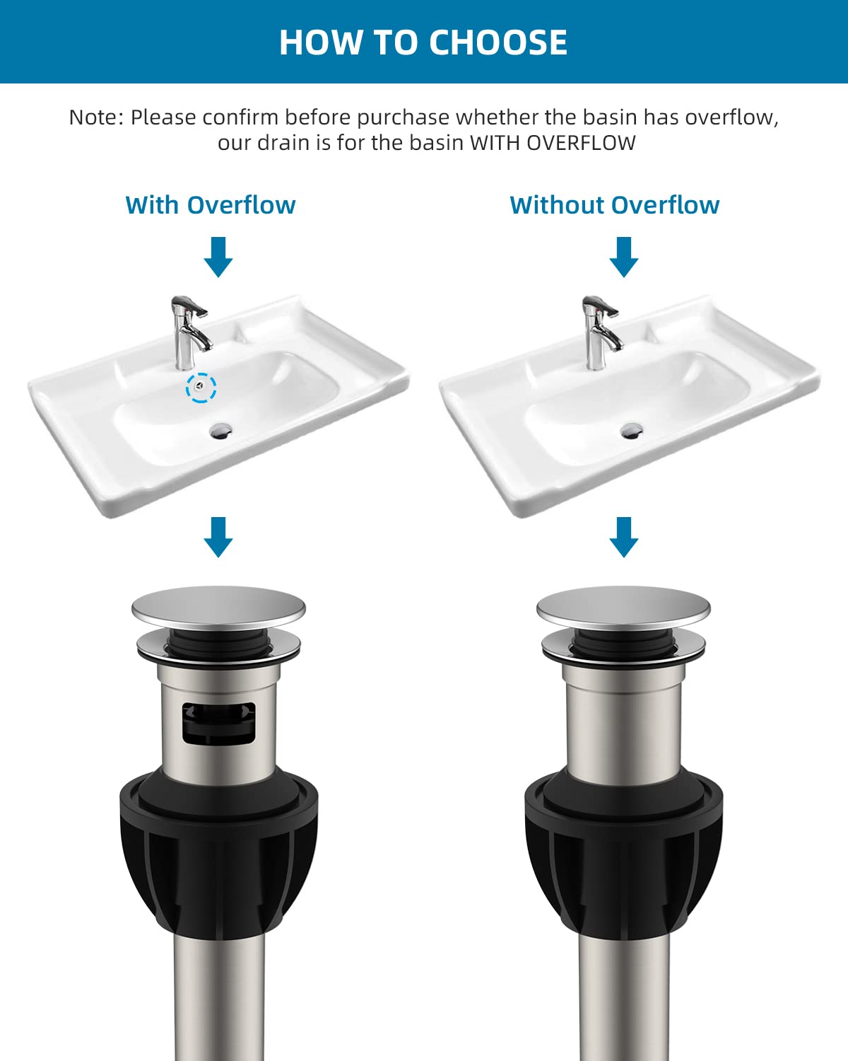 Hibbent 2 Pack Metal Bathroom Sink Drain with Overflow, Pop Up Drain with Detachable Stopper, Stainless Steel Vessel Lavatory Vanity Sink Drain Stopper, Anti-Clogging Drain Strainer, Chrome