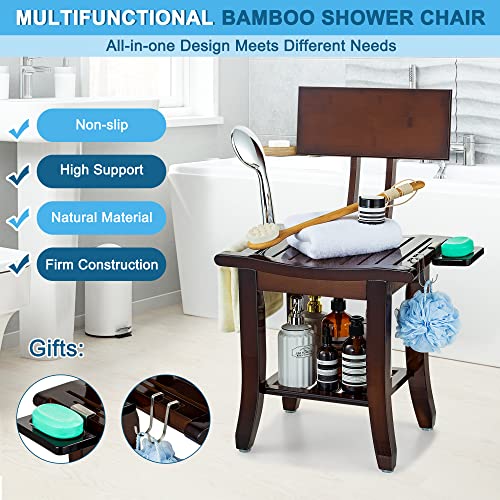 ETECHMART Bamboo Shower Bench with Back and Soap Dish, 2-Tier Shower Chair Bath Seat with Handle for Bathroom Bathtub Elderly Disabled, Waterproof Wood Spa Stool for Inside Shower Legs Shaving, Walnut