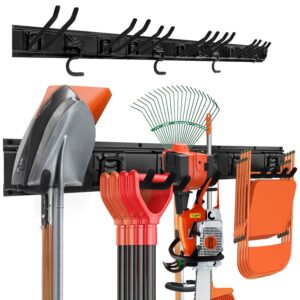 garden tool rack set, garage wall organization hanger with 3 mop holder and 6 multi-purpose hooks, garden yard shovels rakes for string hedge trimmer brooms hoses folding chairs ladders, and more