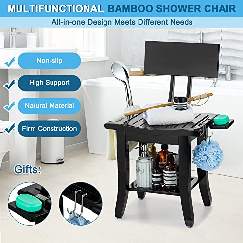 ETECHMART Bamboo Shower Bench with Back and Soap Dish, 2-Tier Shower Chair Bath Seat with Handle for Bathroom Bathtub Elderly Disabled, Waterproof Wood Spa Stool for Inside Shower Shaving, Espresso