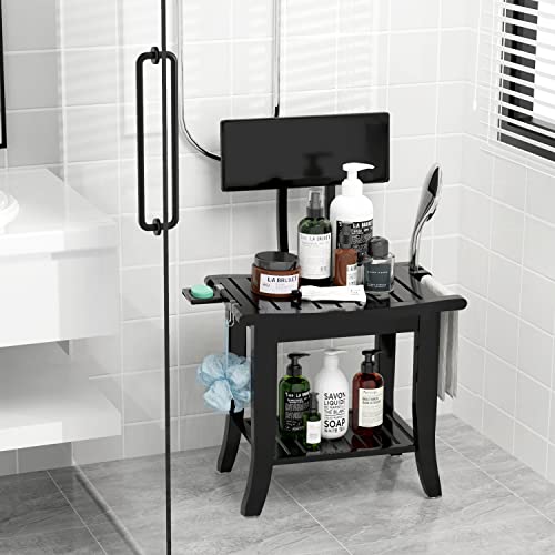 ETECHMART Bamboo Shower Bench with Back and Soap Dish, 2-Tier Shower Chair Bath Seat with Handle for Bathroom Bathtub Elderly Disabled, Waterproof Wood Spa Stool for Inside Shower Shaving, Espresso