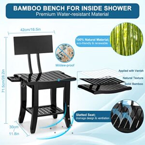 ETECHMART Bamboo Shower Bench with Back and Soap Dish, 2-Tier Shower Chair Bath Seat with Handle for Bathroom Bathtub Elderly Disabled, Waterproof Wood Spa Stool for Inside Shower Shaving, Espresso