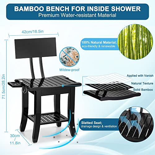 ETECHMART Bamboo Shower Bench with Back and Soap Dish, 2-Tier Shower Chair Bath Seat with Handle for Bathroom Bathtub Elderly Disabled, Waterproof Wood Spa Stool for Inside Shower Shaving, Espresso