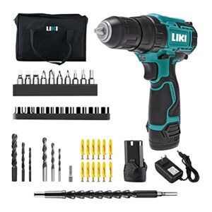 cordless drill driver set, 12v power drill kit with battery and charger, max drill 280 in-lb torque 3/8" keyless chuck built-in led-drill for wood bricks walls metal, furniture installation