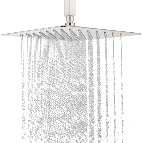 Cinwiny 12 Inch Shower Head Rainfall Brushed Nickel Luxury Square SUS304 Rain Showerhead High Pressure 1/16" Ultra-thin Adjustable Angles Waterfall Full Body Coverage with Silicone Nozzle